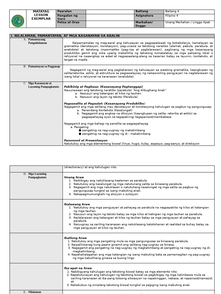 Filipino 4 Week 4 Lesson Exemplar | PDF