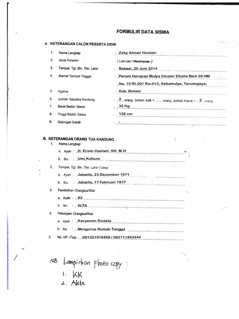 Form Data Siswa Zaky | PDF