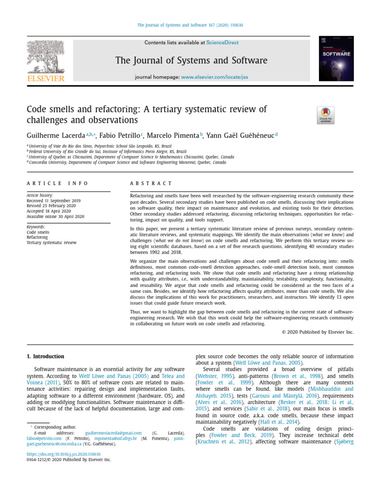 Code Smells and Refactoring A Tertiary Systematic Review of | PDF