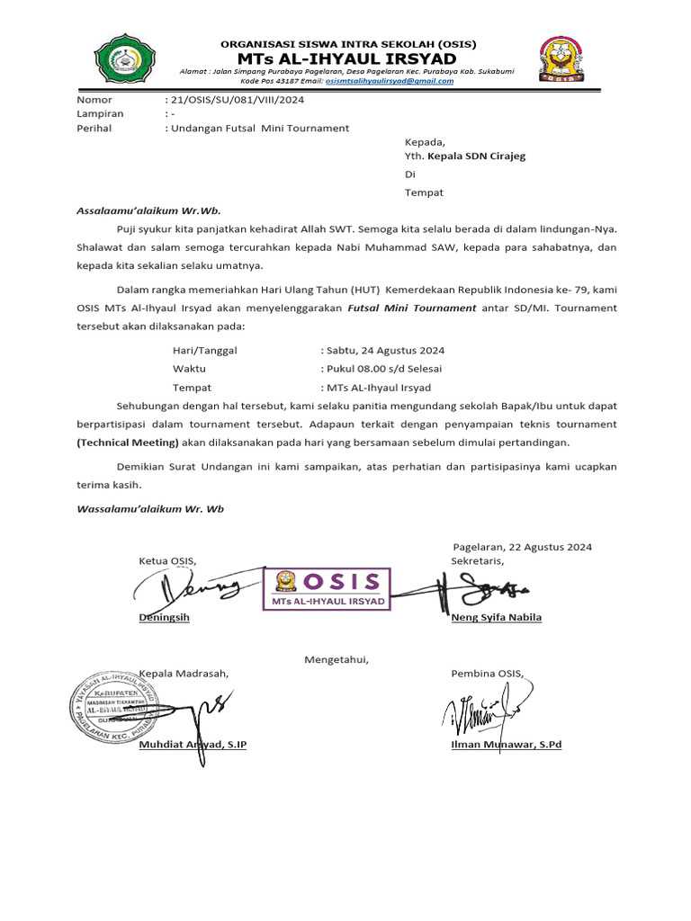 Undangan Futsal Mini Tournament - (Kepada Yth. KS SDN Cirajeg) | PDF