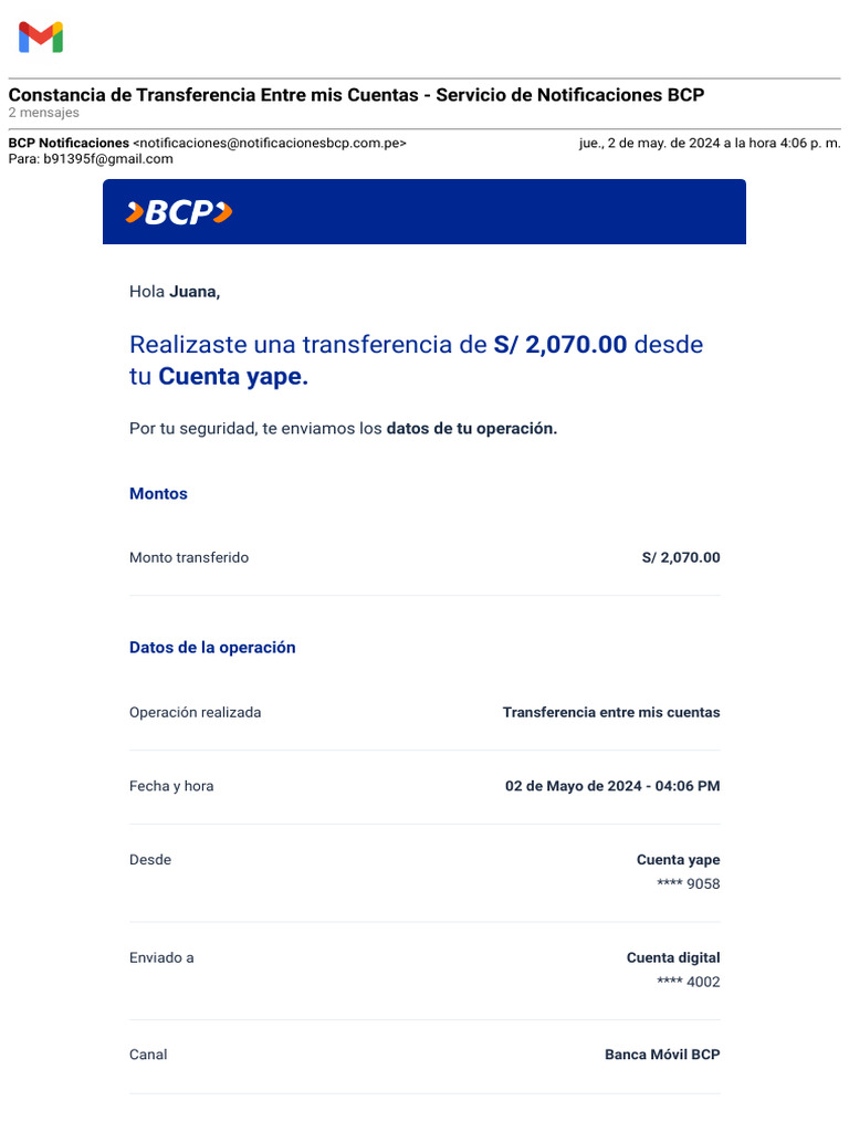 Gmail - Constancia de Transferencia Entre mis Cuentas - Servicio de Notificaciones BCP | PDF