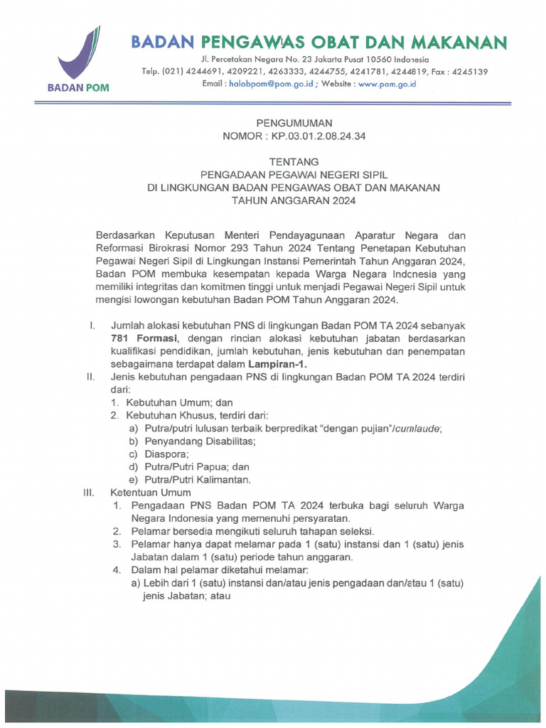 Pengumuman Seleksi CPNS BPOM | PDF