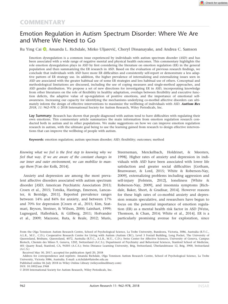 Autism Research - 2018 - Cai - Emotion Regulation in Autism Spectrum Disorder Where We Are and ...
