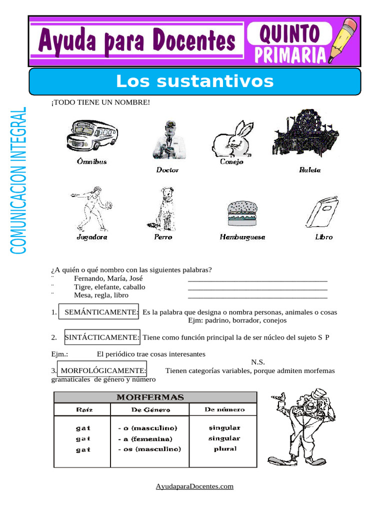 Actividades de El Sustantivo para Quinto de Primaria | PDF