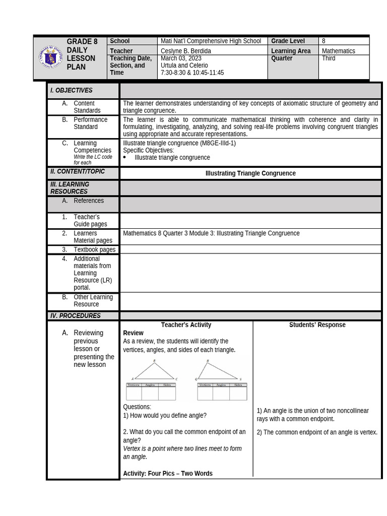 5 Illustrating Triangle Congruence | PDF | Triangle | Language Arts ...