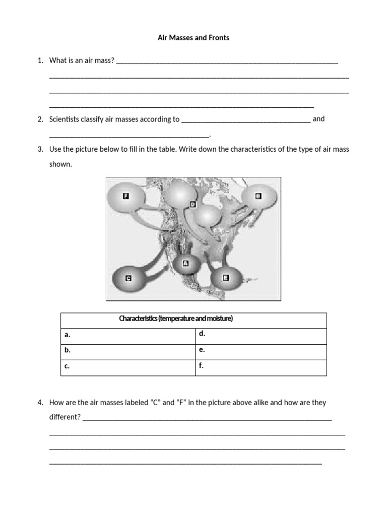 Fronts and Masses Worksheet | PDF