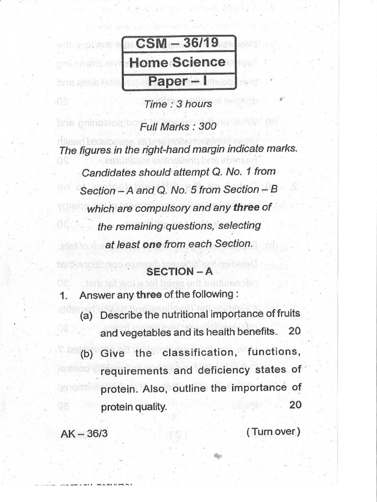 CSM - 2019 - Home Science Paper-I | PDF