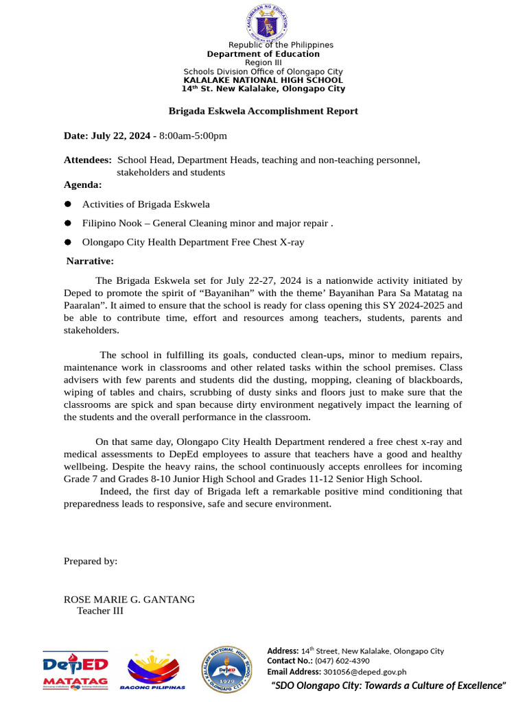 ACR Brigada Eskwela 2024-2025 - July 22, 2024 GANTANG | PDF