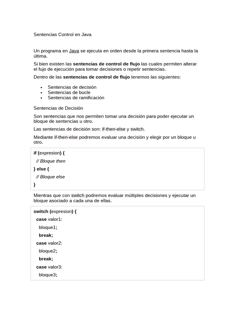 Sentencias Control en Java | PDF