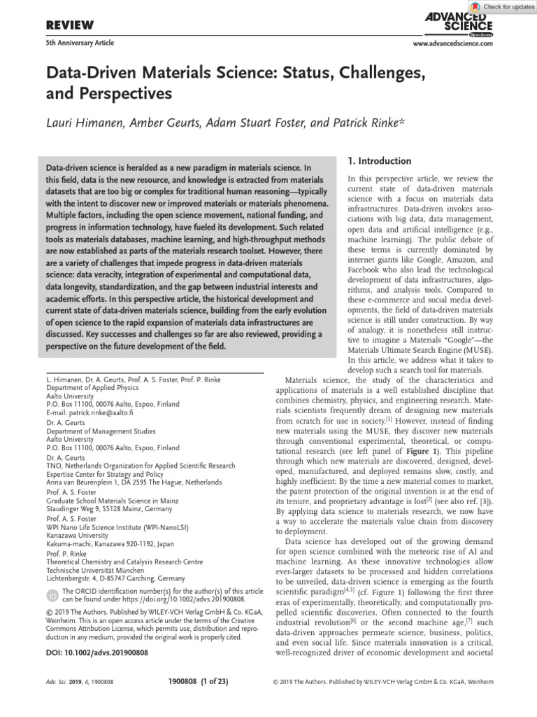 Advanced Science - 2019 - Himanen - Data Driven Materials Science Status Challenges and ...