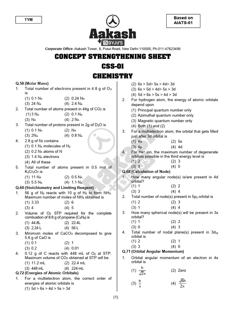 Concept Strengthening Sheet (CSS-01) Based On AIATS-01 (TYM) - Chemistry-1 | PDF