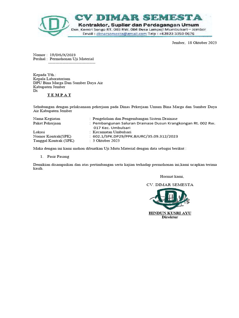 Surat permohonan Uji Lab DIMAR SEMESTA | PDF