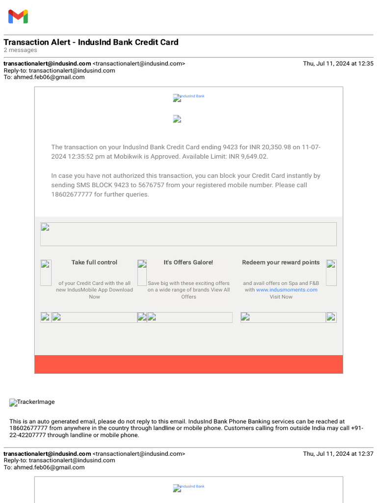 Transaction Alert - IndusInd Bank Credit Card | PDF | Mobile Phones ...