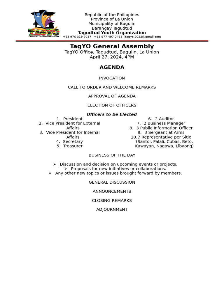 General Assembly Agenda - April 27 - TagYO | PDF