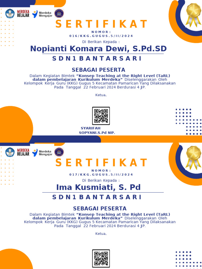 Sertifikat SDN 1 Bantarsari | PDF