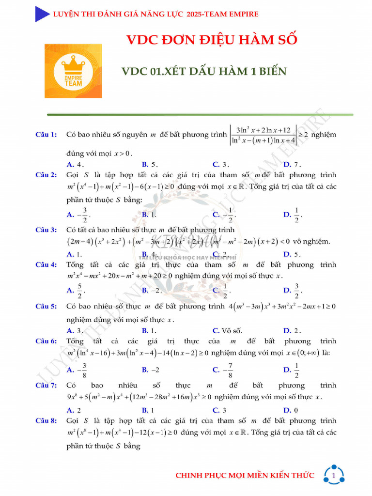 HCM VDC 01.XÉT DẤU HÀM 1 BIẾN-FILE ĐỀ HS IN | PDF