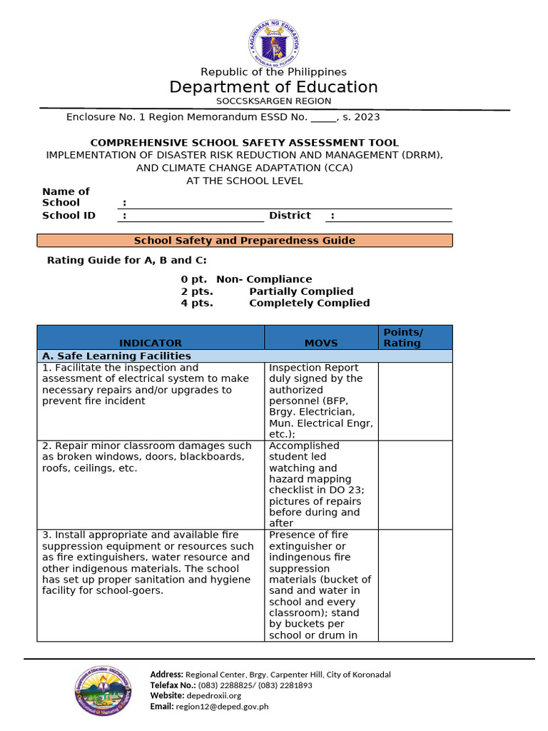 DRRM Comprehensive School Safety Assessment Tool | PDF