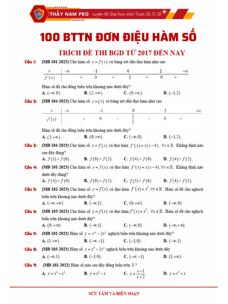 100 BTTN ĐƠN ĐIỆU TRÍCH ĐỀ BGD | PDF