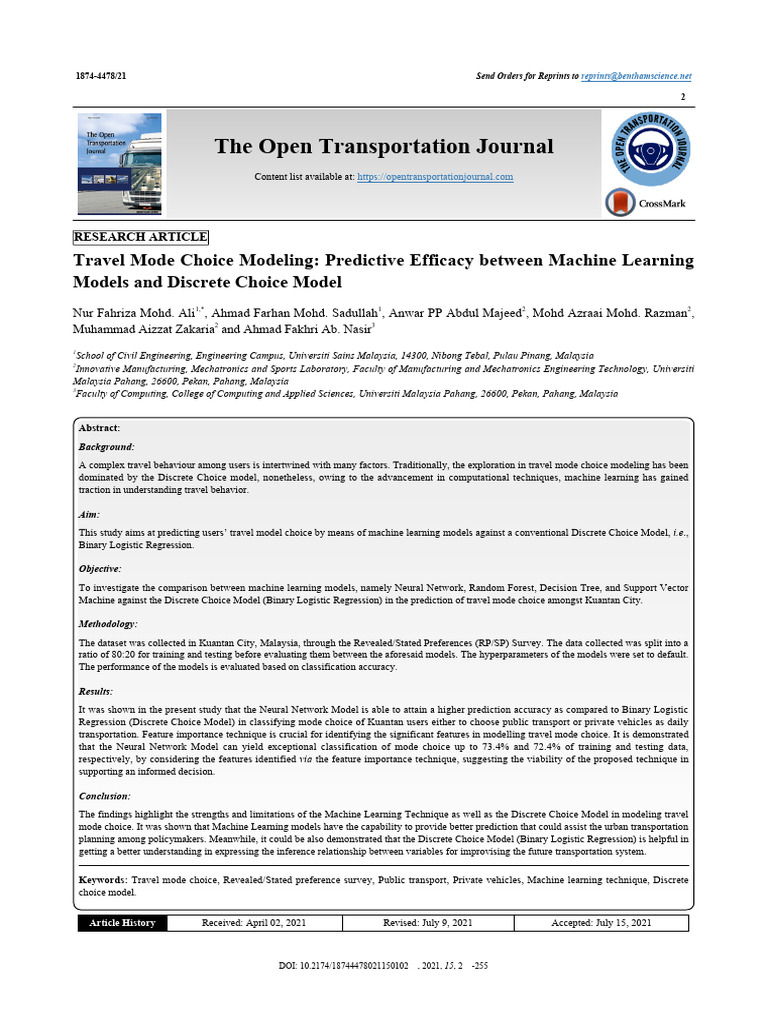 Travel Mode Choice Modeling: Predictive Efficacy Between Machine Learning Models and Discrete ...