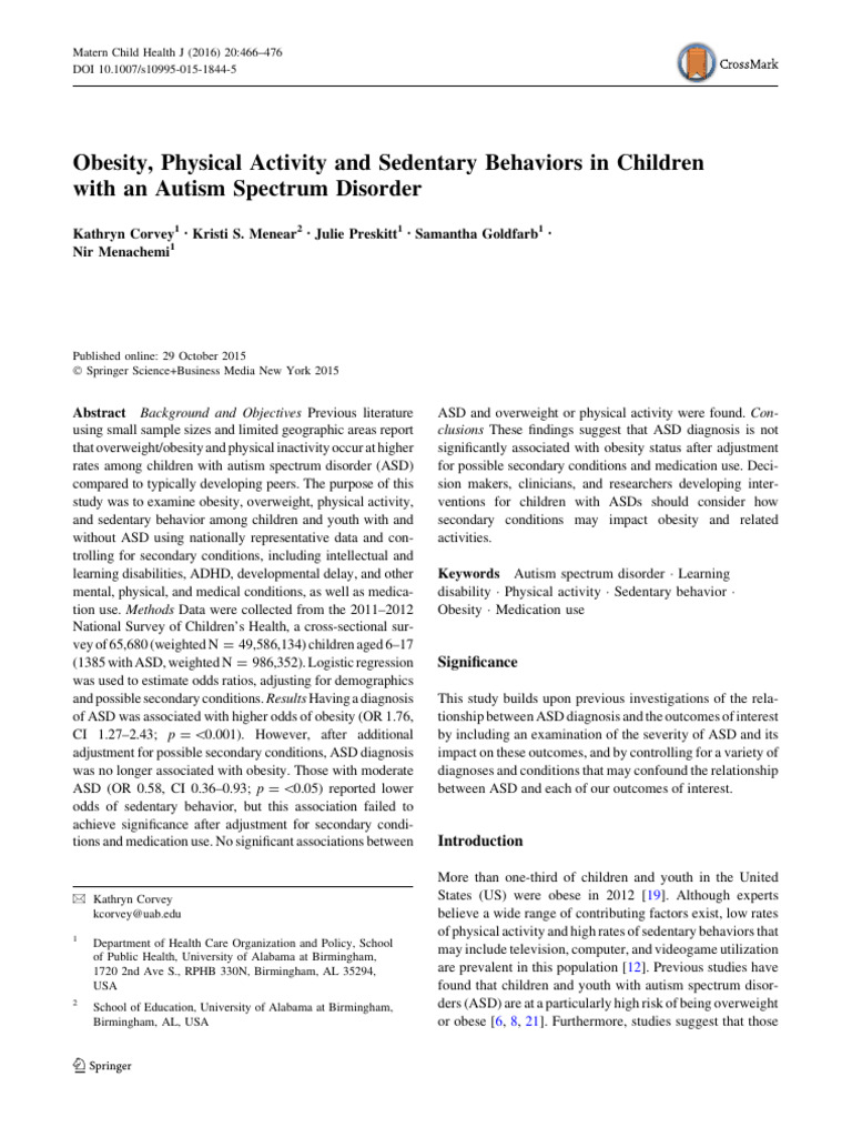 Corvey Et Al. 2015 - Obesity, Physical Activity and Sedentary Behaviors in Children With An Aut ...