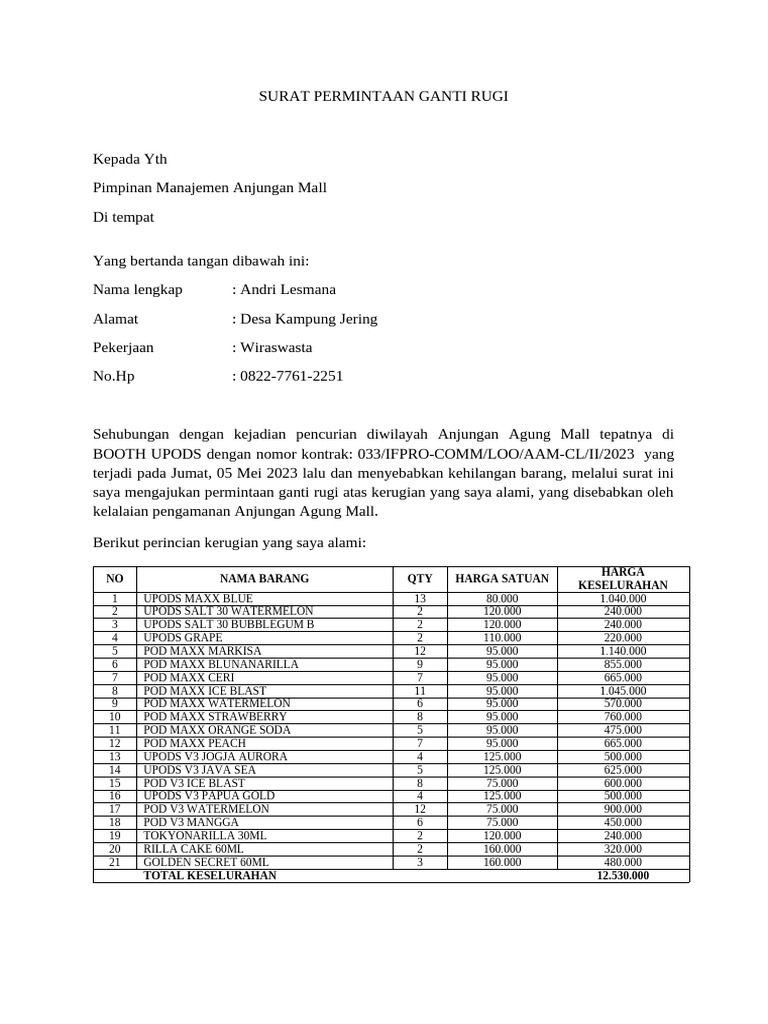 Surat Permintaan Ganti Rugi | PDF