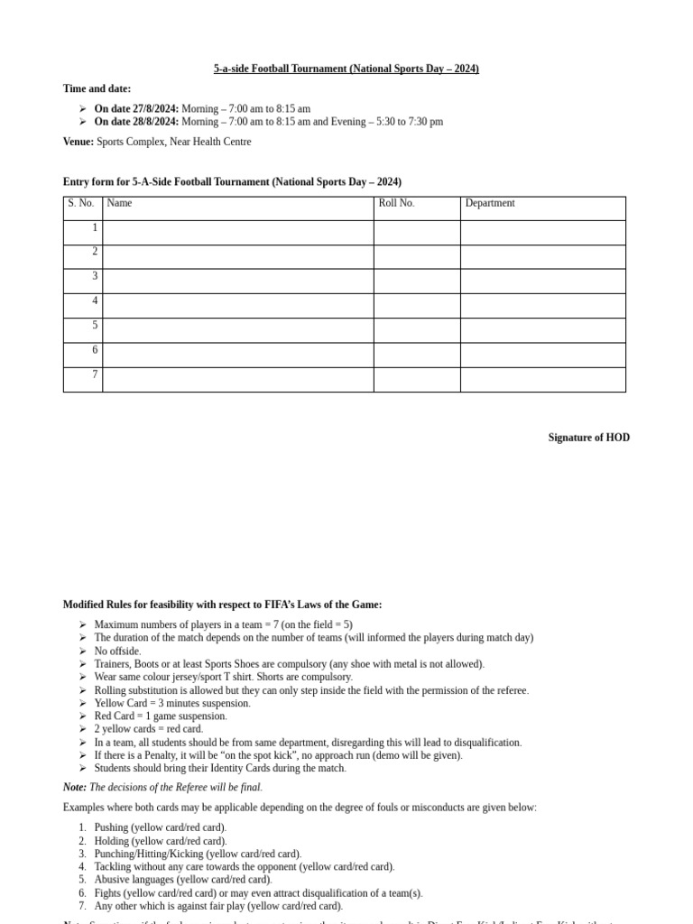 Entry Form For 5-A-Side Football Tournament Along With Time, Venue and ...