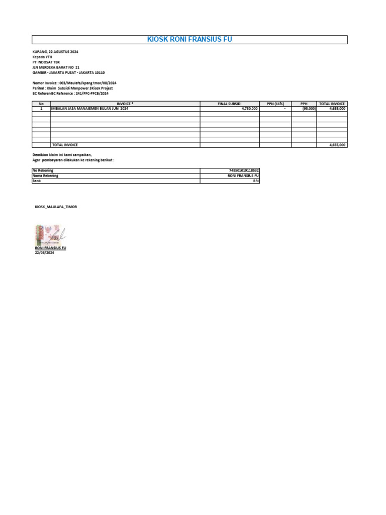 INVOICE MANPOWER JUNI 3KIOSK MAULAFA | PDF