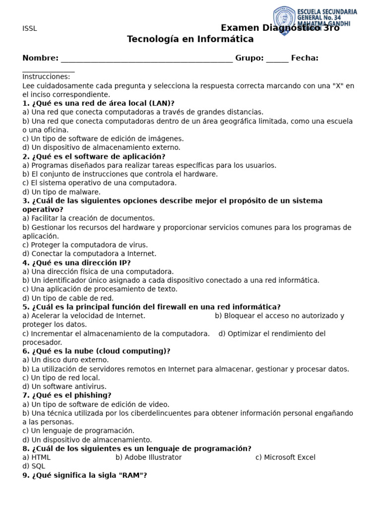 Examen Diagnóstico de Tecnología Informática | PDF | Red de computadoras | Informática