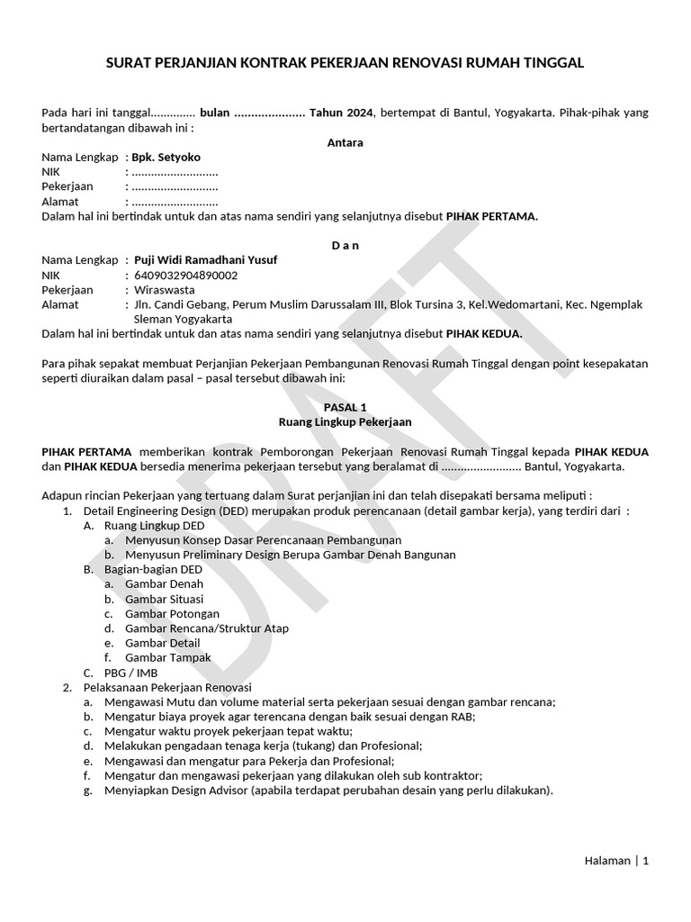 Draft Surat Perjanjian Pekerjaan Renovasi Rumah Tinggal | PDF