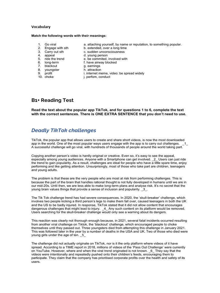 Deadly Tiktok Challenges - B1+ English Reading Test | PDF