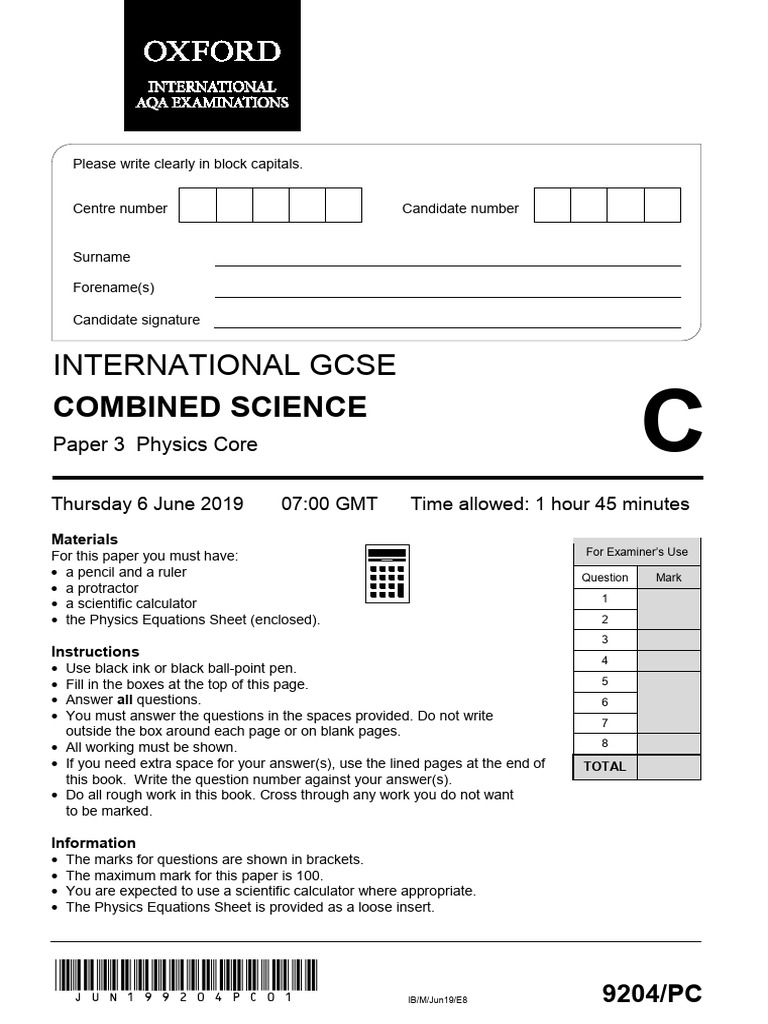 Int Gcse Combined Sci Physics Core Question Paper Jun19 | PDF