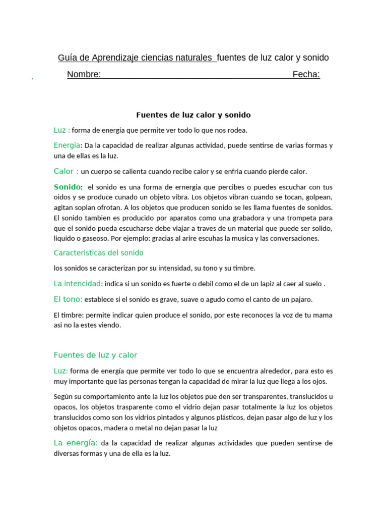 Guía de Aprendizaje Ciencias Naturales Fuentes de Luz Calor y Sonido | PDF