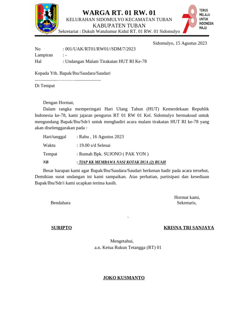 Surat Undangan RT 01 Malam Tirakatan | PDF