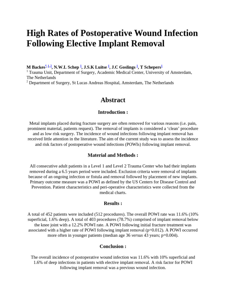 High Rates of Postoperative Wound Infection Following Elective Implant ...