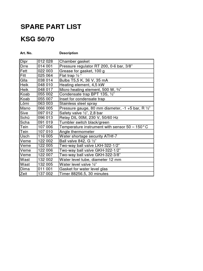 Spare Parts for KSG 50/70 Users | PDF | Technology & Engineering