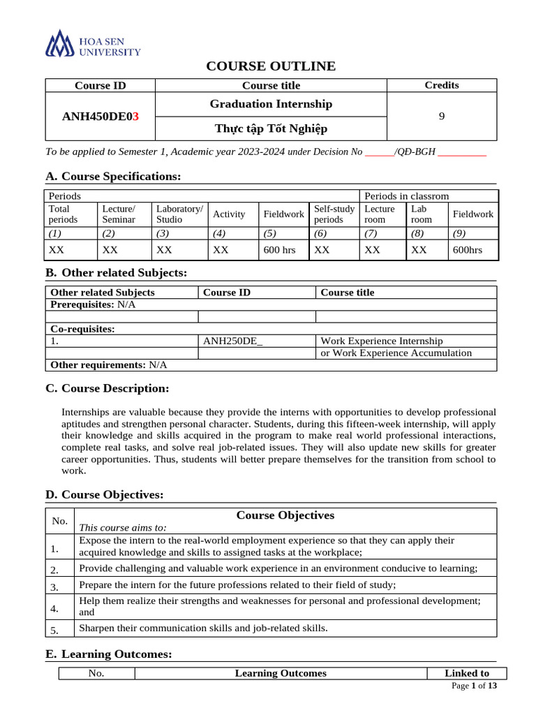Course Outline - Graduation Internship-Anh450de03 - hk2331 | PDF