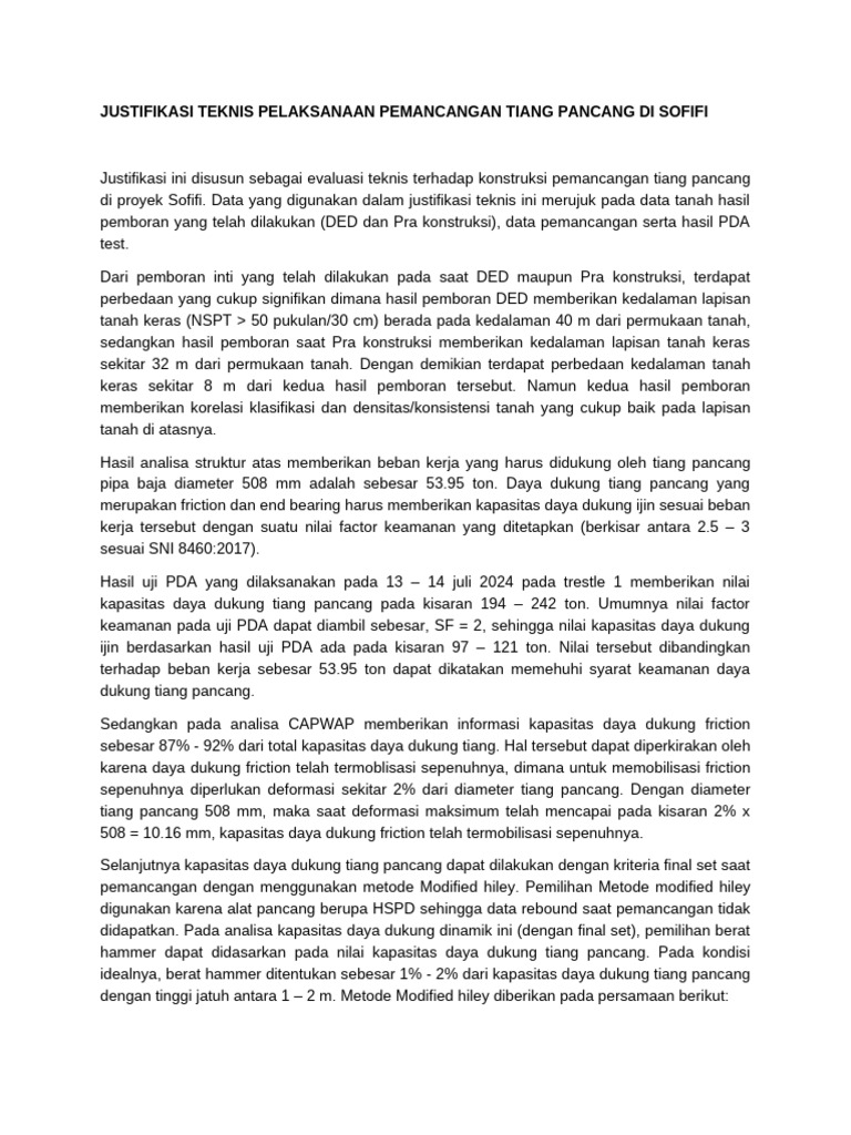 Justifkasi Teknis Hasil Pemancangan Tiang Sofifi | PDF