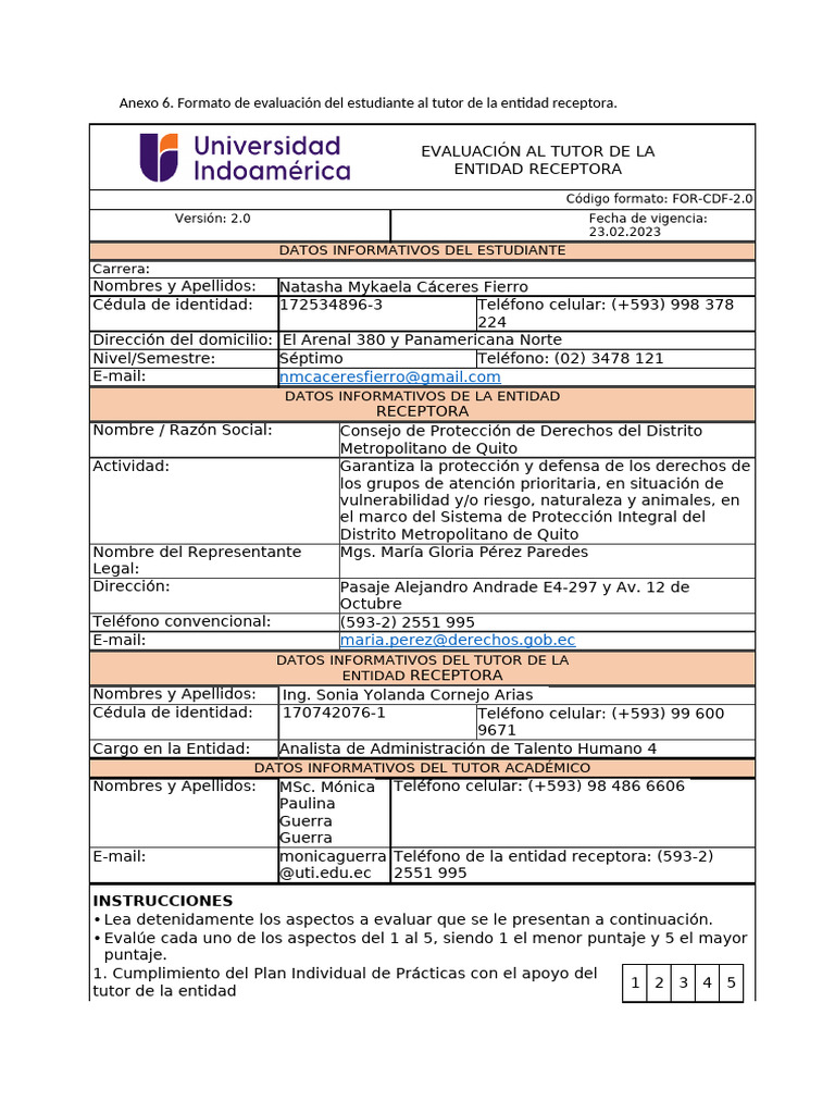 5 Evaluacion Del Estudiante Al Tutor Empresarial | PDF