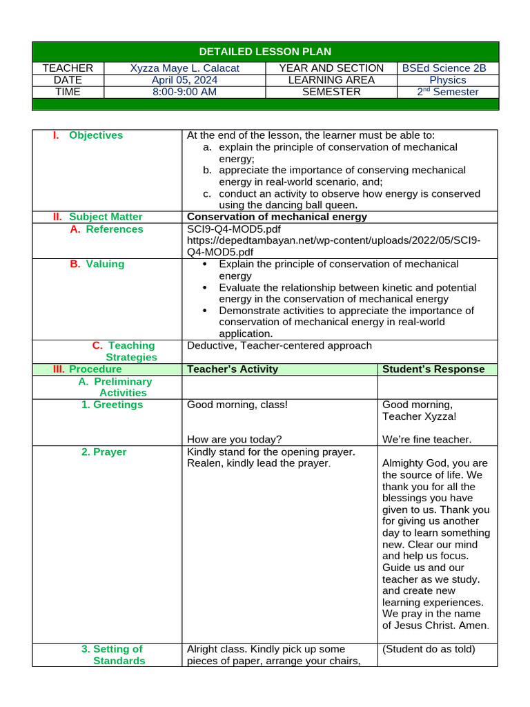 Conservation of Mechanical Energy (Explicit Detailed Lesson Plan) | PDF ...