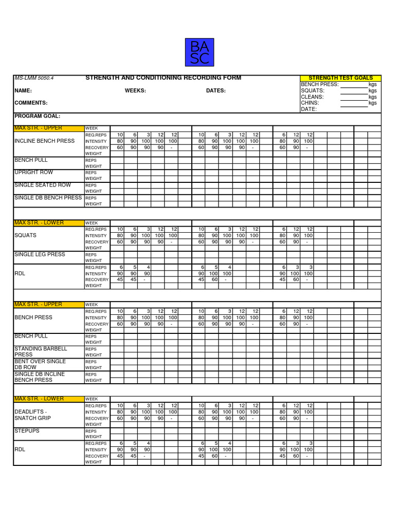 Strength and Conditioning Log Form | PDF | Strength Training ...