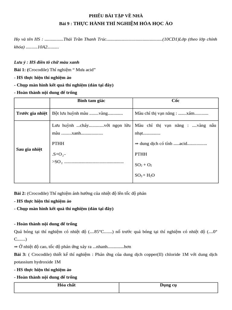 PHIẾU BÀI TẬP VỀ NHÀ BÀI 9 | PDF