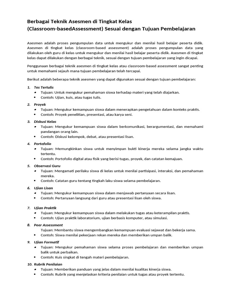 Berbagai Teknik Asesmen Di Tingkat Kelas (Classroom-Based Assessment) Sesuai Dengan Tujuan ...