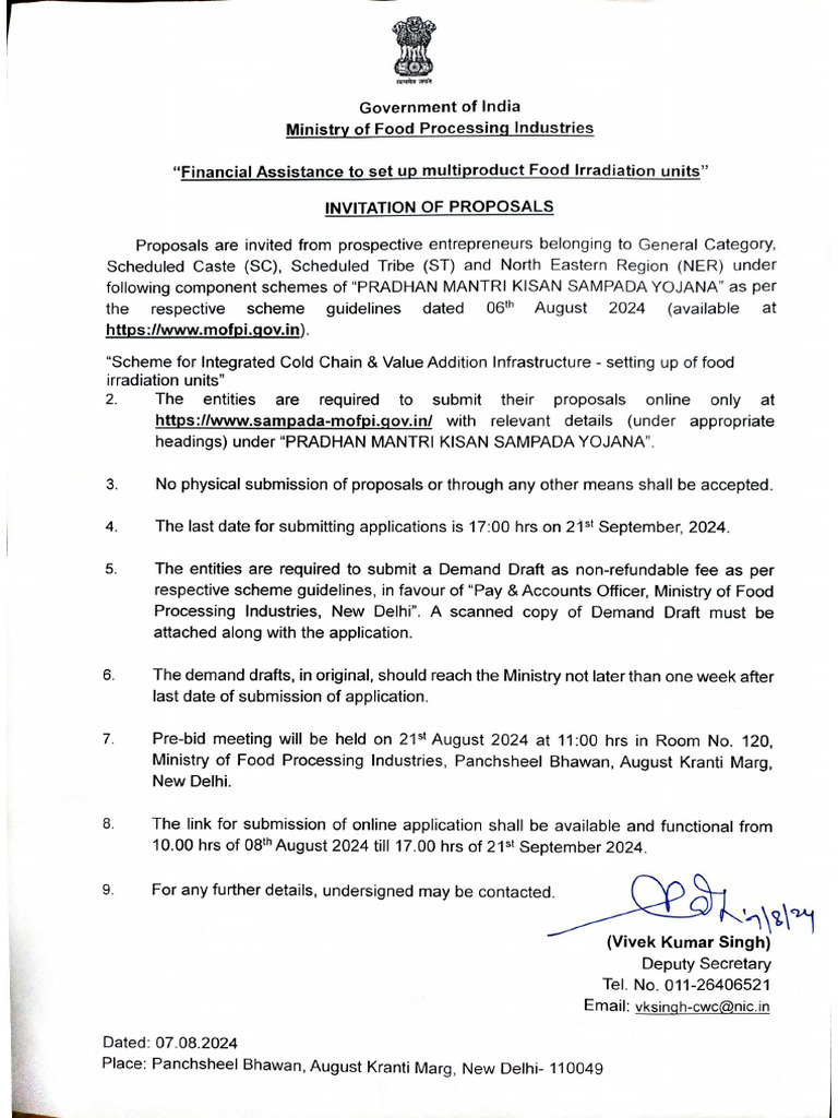 Notice Inviting Proposals Under Cold Chain Scheme-Irradiation Units | PDF Notice Inviting Proposals Under Cold Chain Scheme-Irradiation Units | PDF