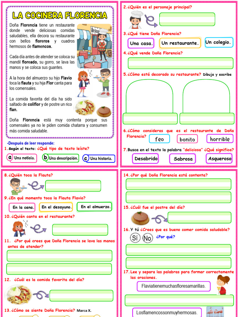 Ficha Leemos Juntos La Cocinera Florencia Maestra Janet | PDF
