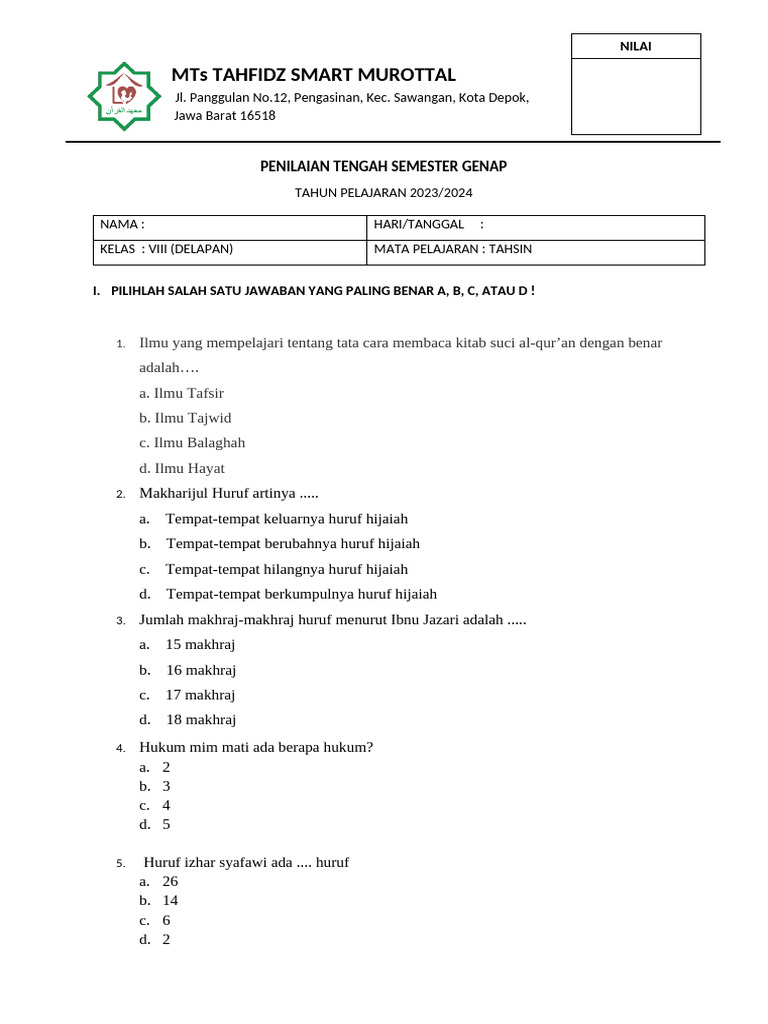 Soal PTS Tahsin KLS 8 2024 | PDF