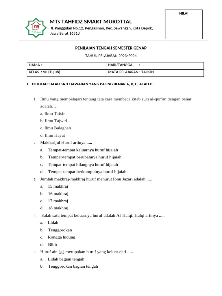 Soal PTS Tahsin KLS 7 2024 | PDF