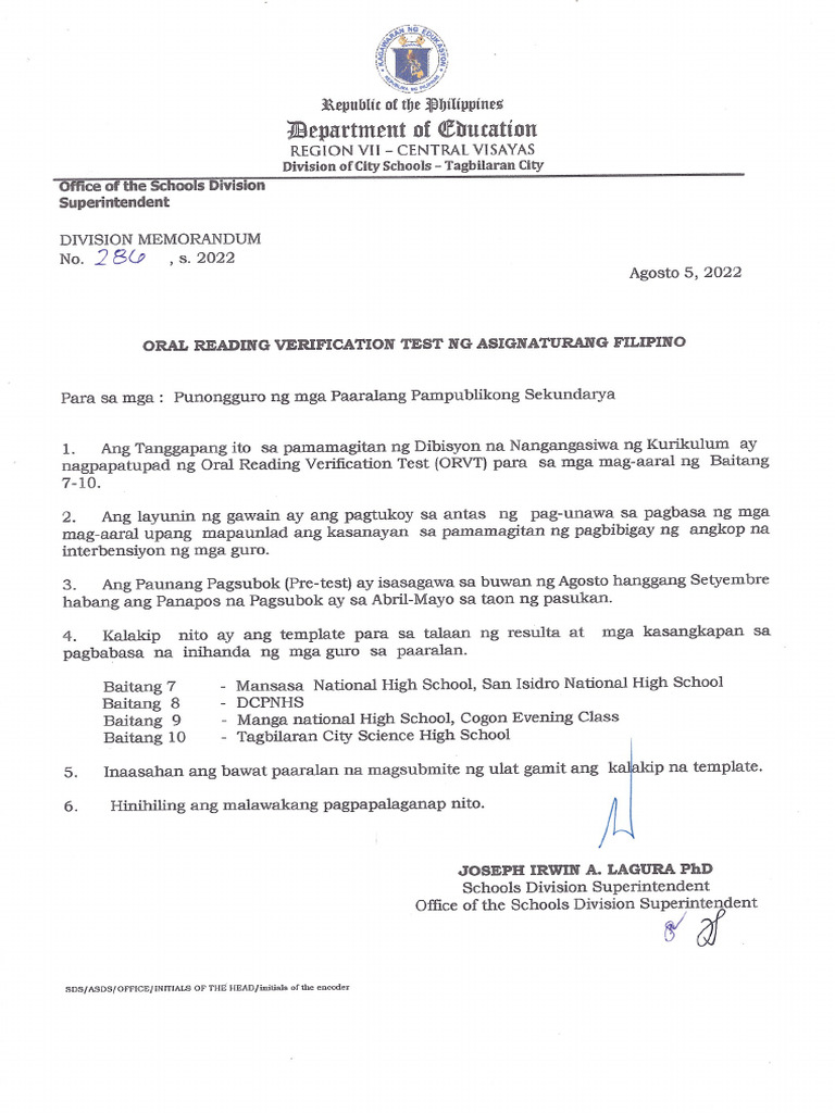 DM No. 286 S. 2022 Oral Reading Verification Test NG Asignaturang ...