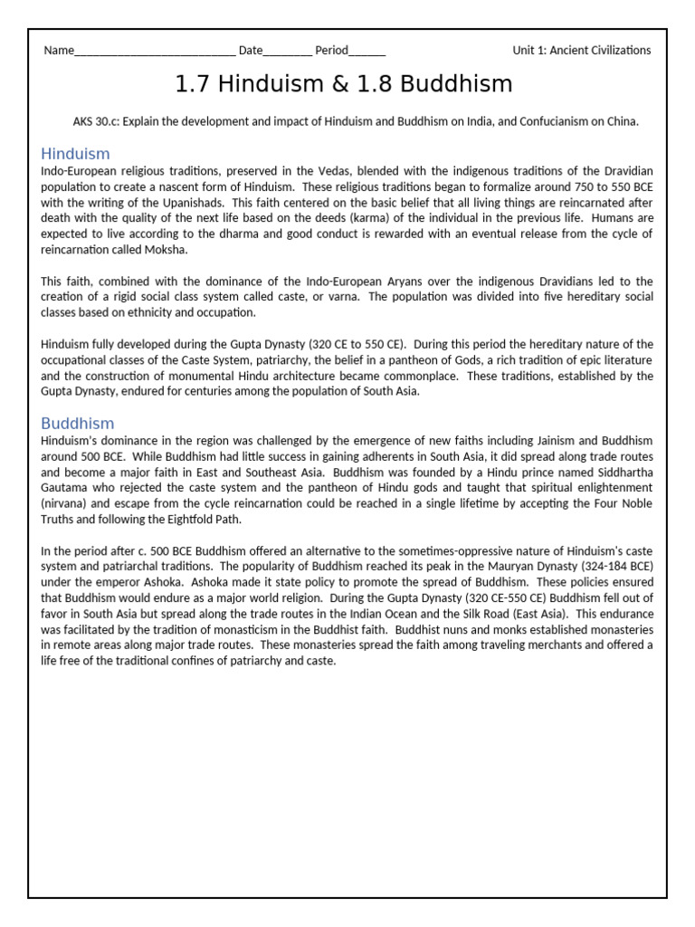 1.7-1.8 Hinduism & Buddhism - Teacher Notes (Student Version) | PDF