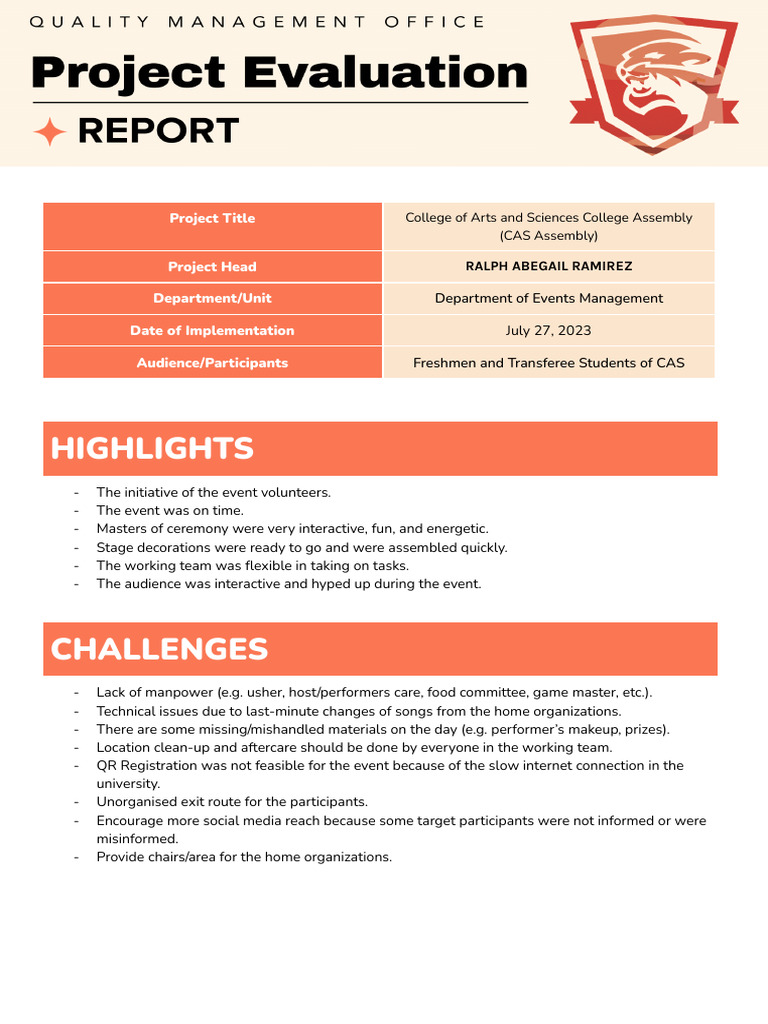 CAS ASSMBLY - Project Evaluation Report | PDF