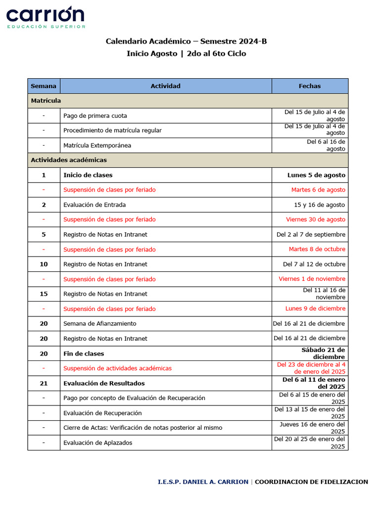 Calendario Academico 2024-II - 2do Al 6to Ciclo AGOSTO | PDF